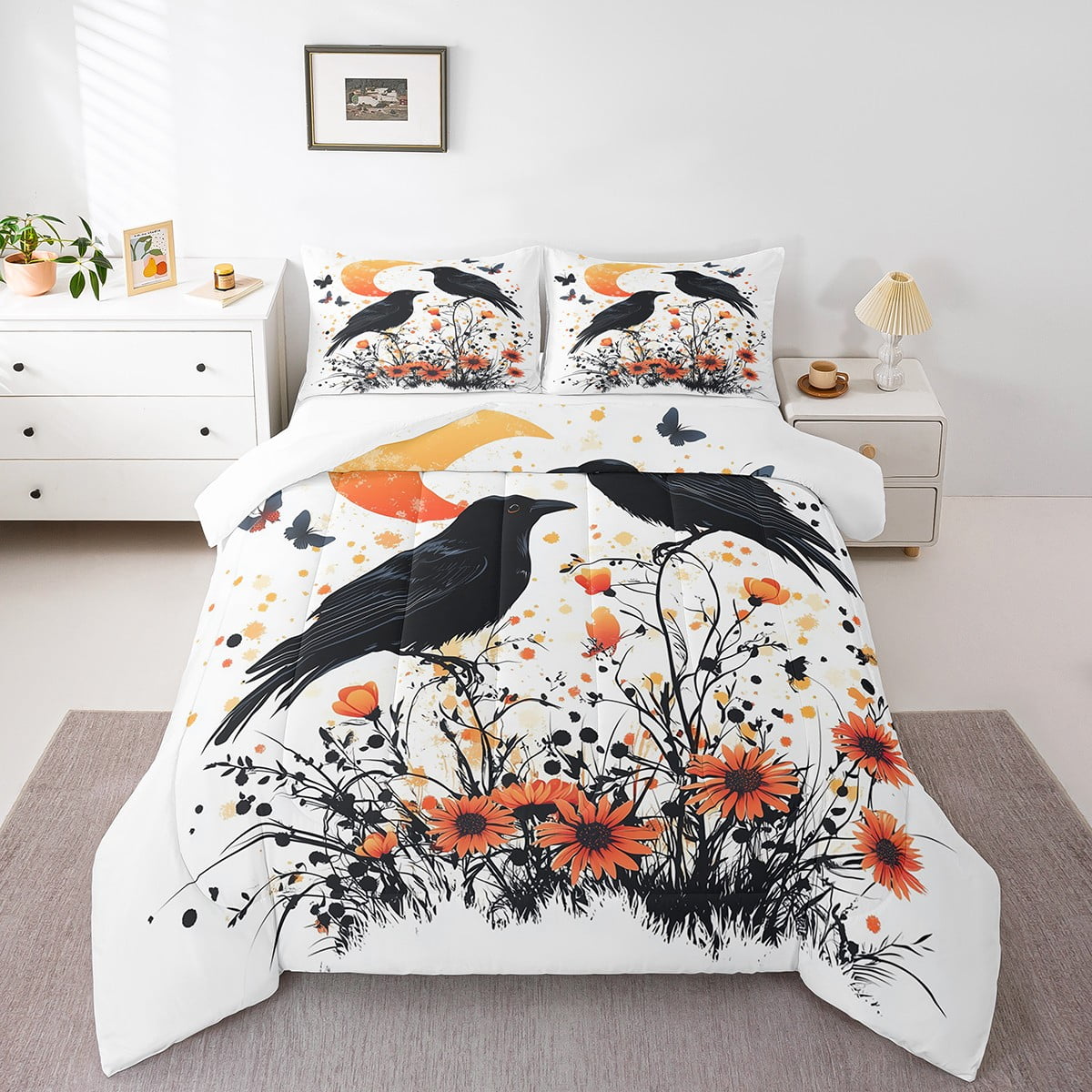 Halloween Raven Comforter Set Teens, Crow Bird Bedding Set Queen Size ...