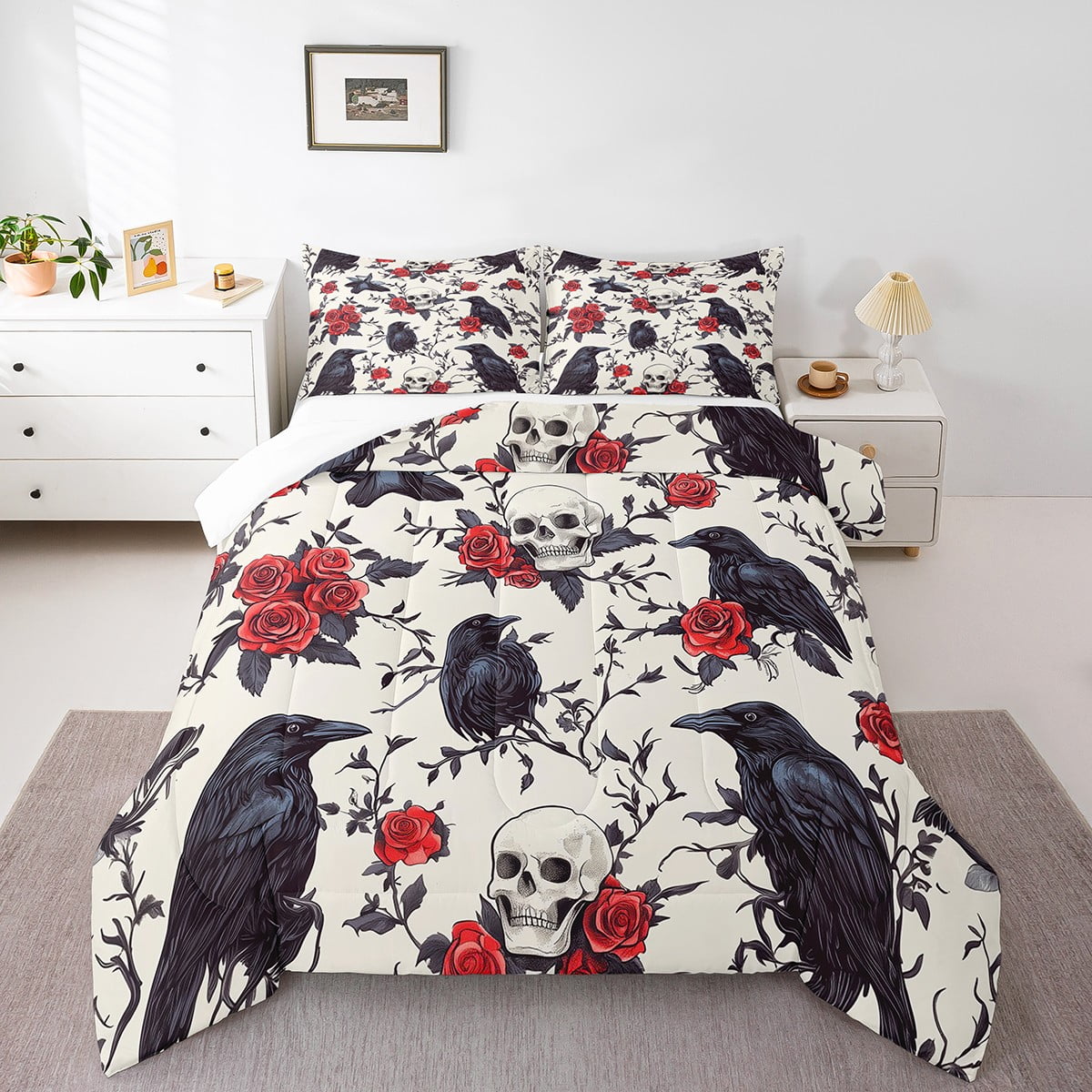 Halloween Raven Comforter Set Queen Size, Sugar Skull Bedding Set Teens ...