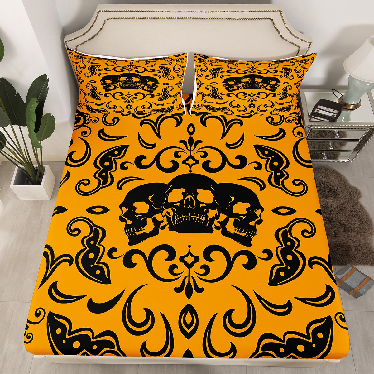 Halloween Skull Bedding Full Retro Baroque Damask Gothic Fitted Sheet ...