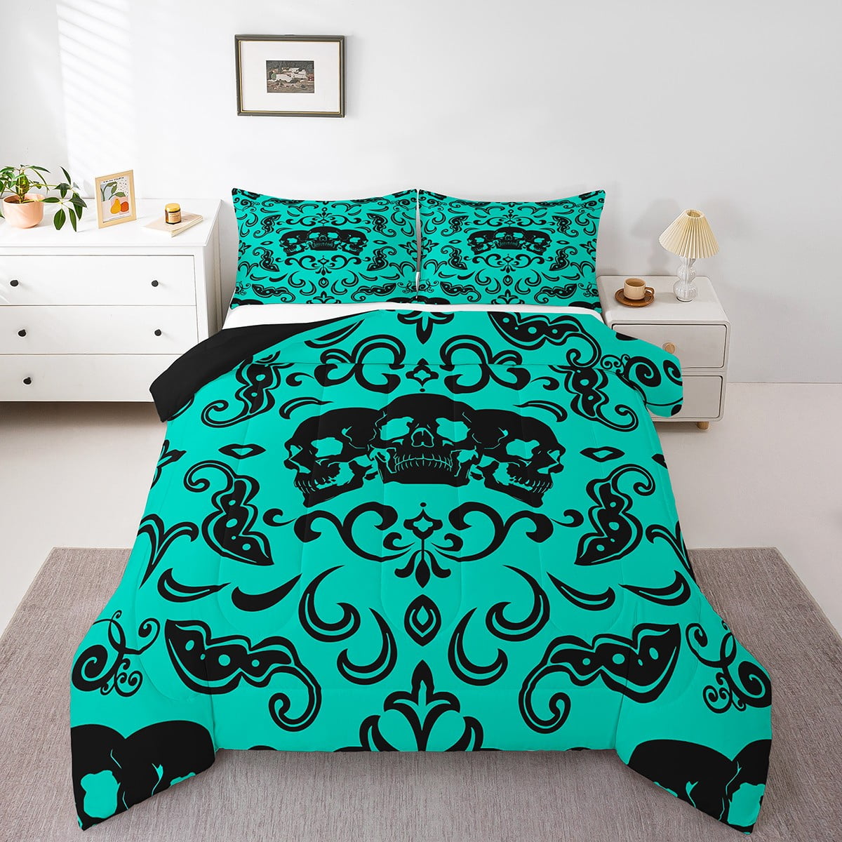 Halloween Skull Bedding Set Twin Retro Baroque Damask Gothic Comforter ...