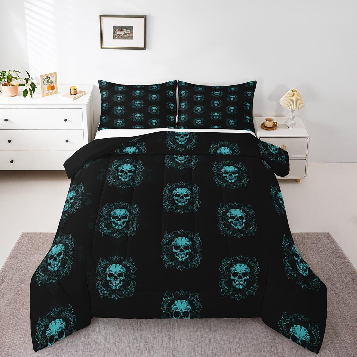 YST Halloween Skull Comforter Set King Size, Teal Black Damask Quilt ...