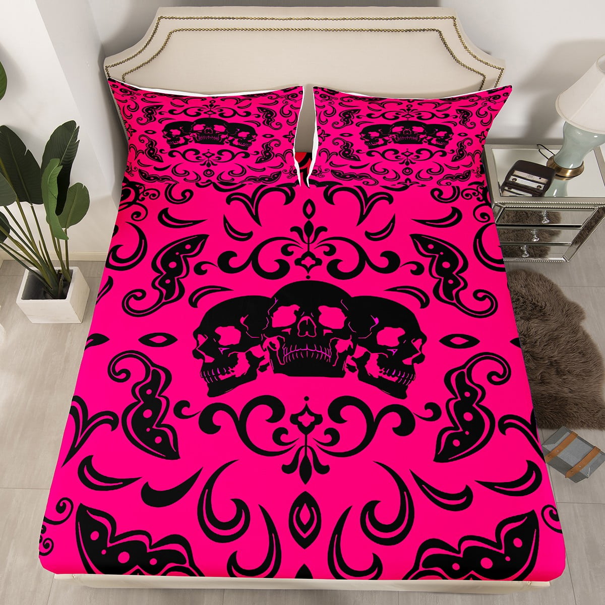 Halloween Skull Fitted Sheet Twin Retro Baroque Damask Gothic Bed ...
