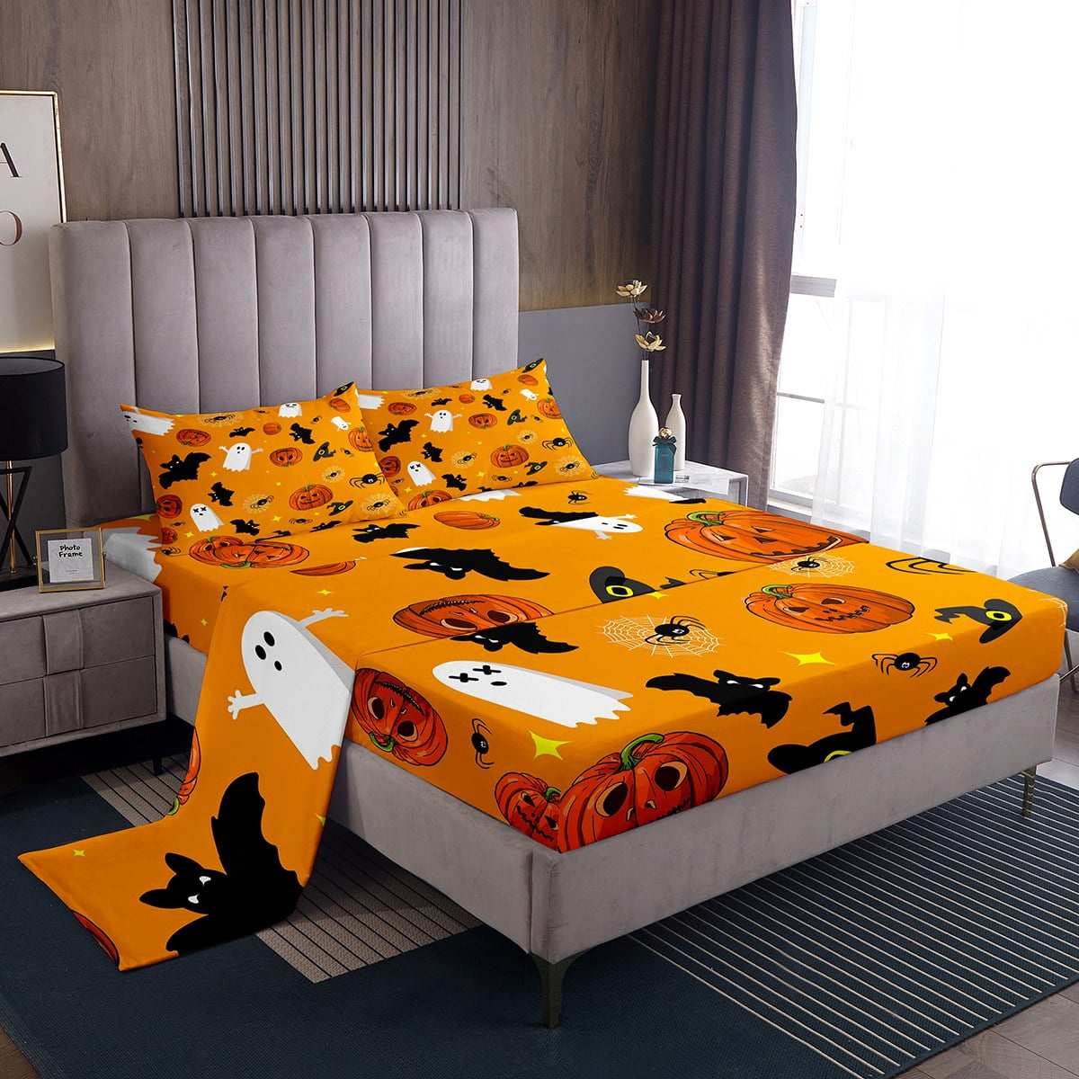 YST Halloween Themed Bed Set Cartoon Orange Bed Sheets Set, Spooky ...