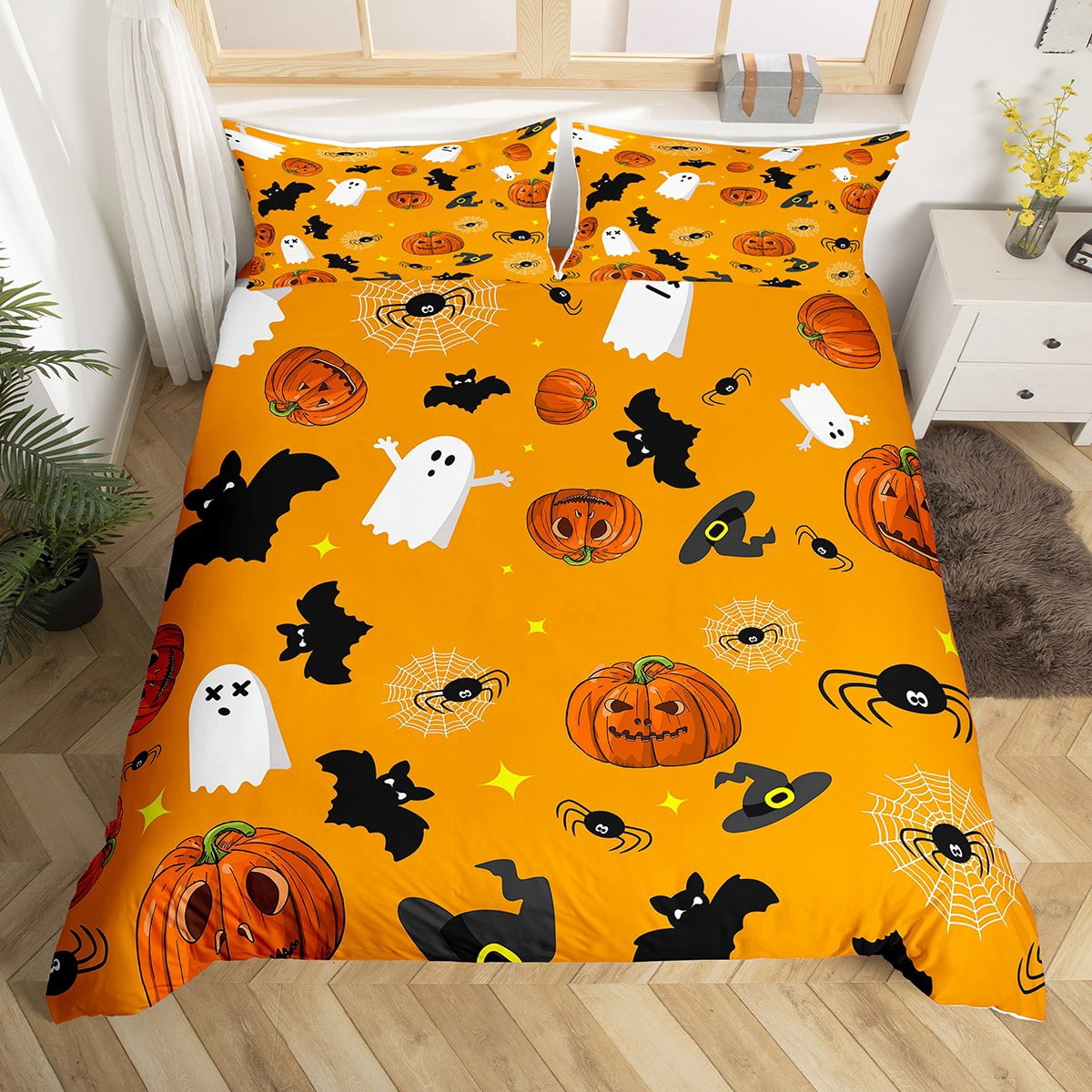 YST Halloween Themed Comforter Cover Cartoon Orange Bed Set, Spooky ...