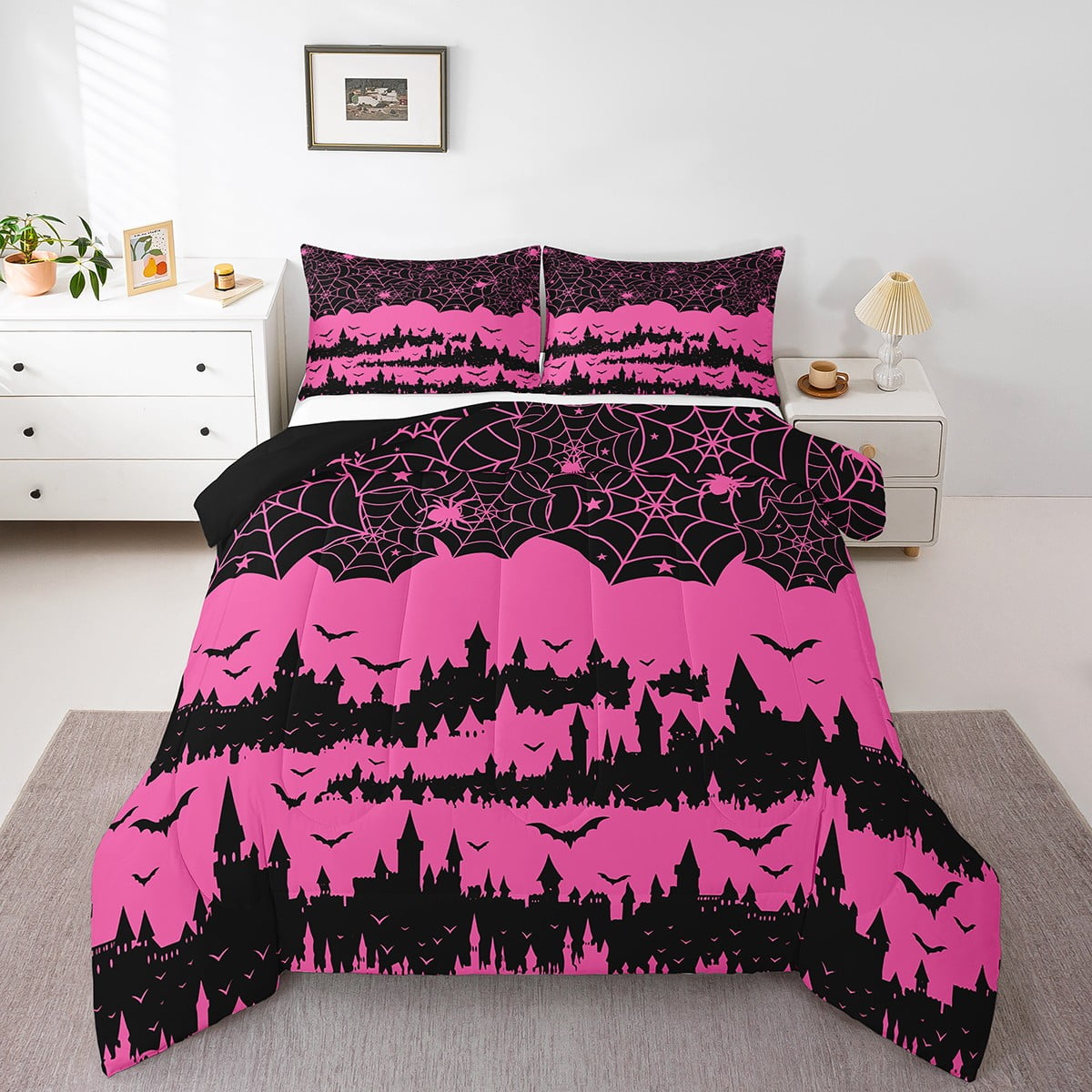 Halloween Bedding Set,Gothic Bats Spider Web Castle Comforter Set Teens ...