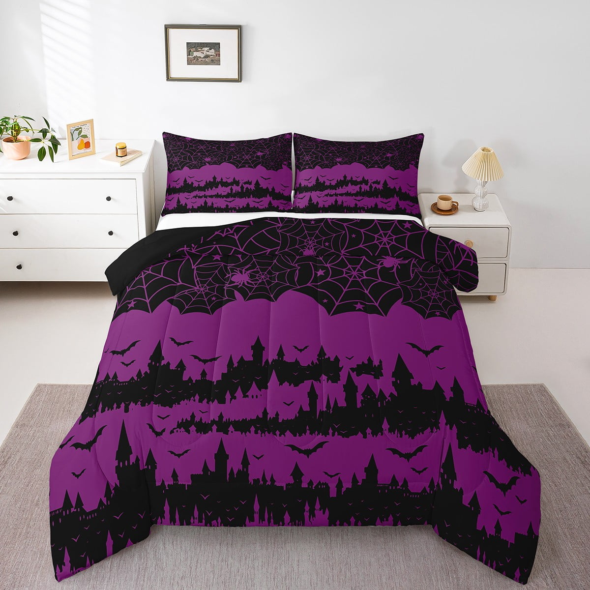Halloween Twin Bedding Set,Gothic Bats Spider Web Castle Comforter Set ...