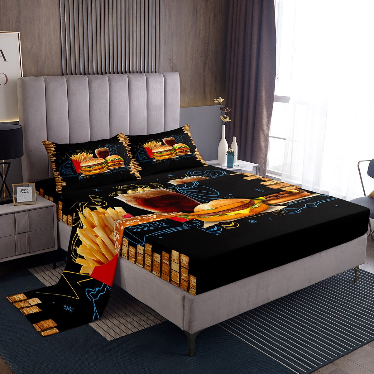 Erosebridal Hamburger Bed Sheets Queen,French Fries Sheet Set Funny ...
