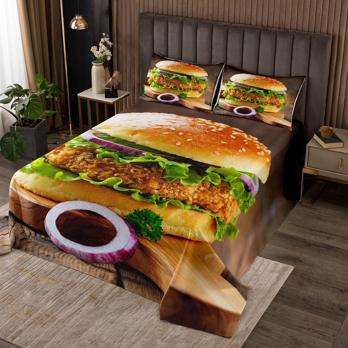 Hamburger Bedspread Set Twin Adults,Chicken Hamburger Quilt Set Funny ...