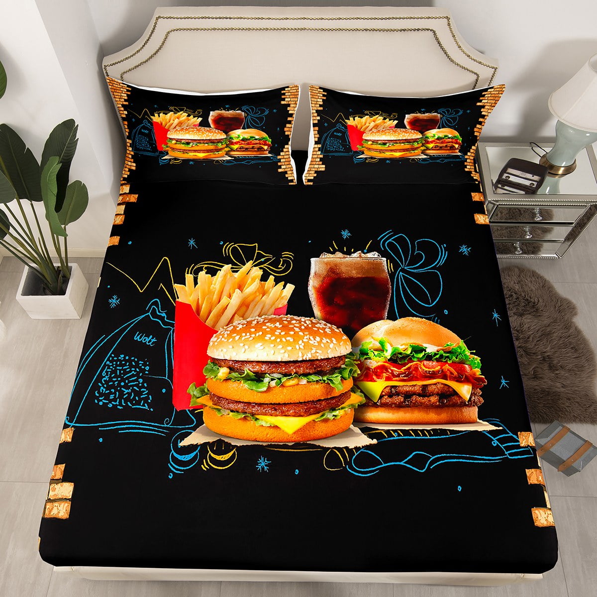 YST Hamburger Fitted Sheet Queen for Boys Girls Kids,French Fries ...