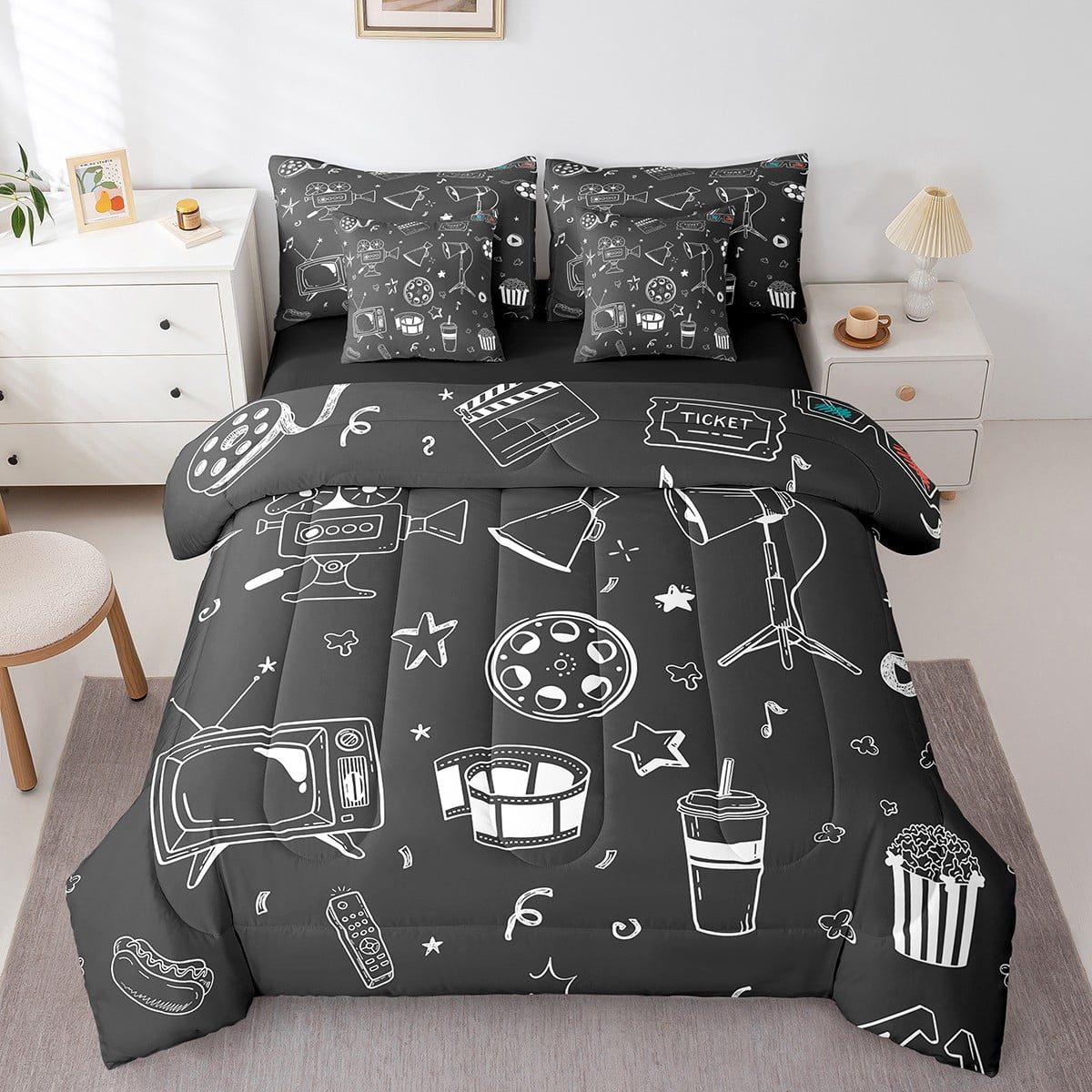 Hand Drawn Cinema 7 Pcs Comforter Set King Movie Camera Popcorn Bedding ...