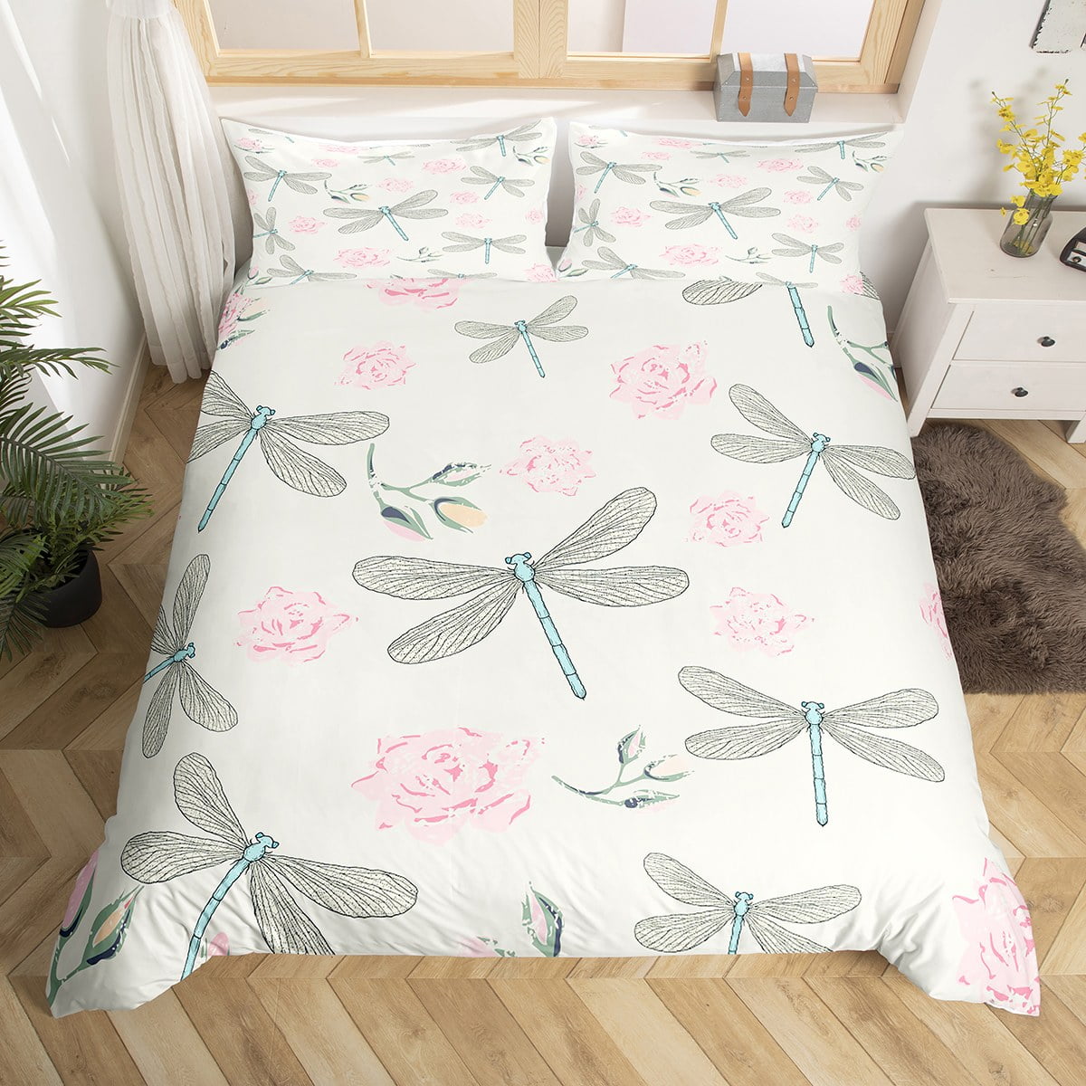 Hand Drawn Dragonfly Duvet Cover King Size Women Dapple Pink Rose ...