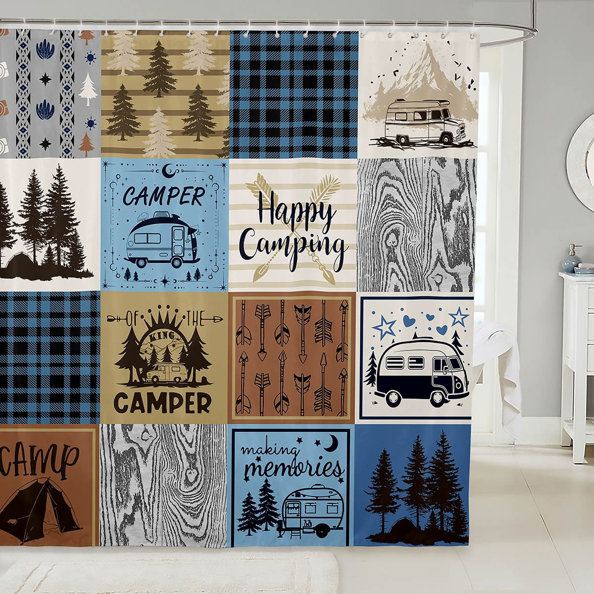 YST Happy Camping Bathroom Curtain 72"Wx72"L Rv Camper Shower Curtain For Travel Trailers,Rustic ...