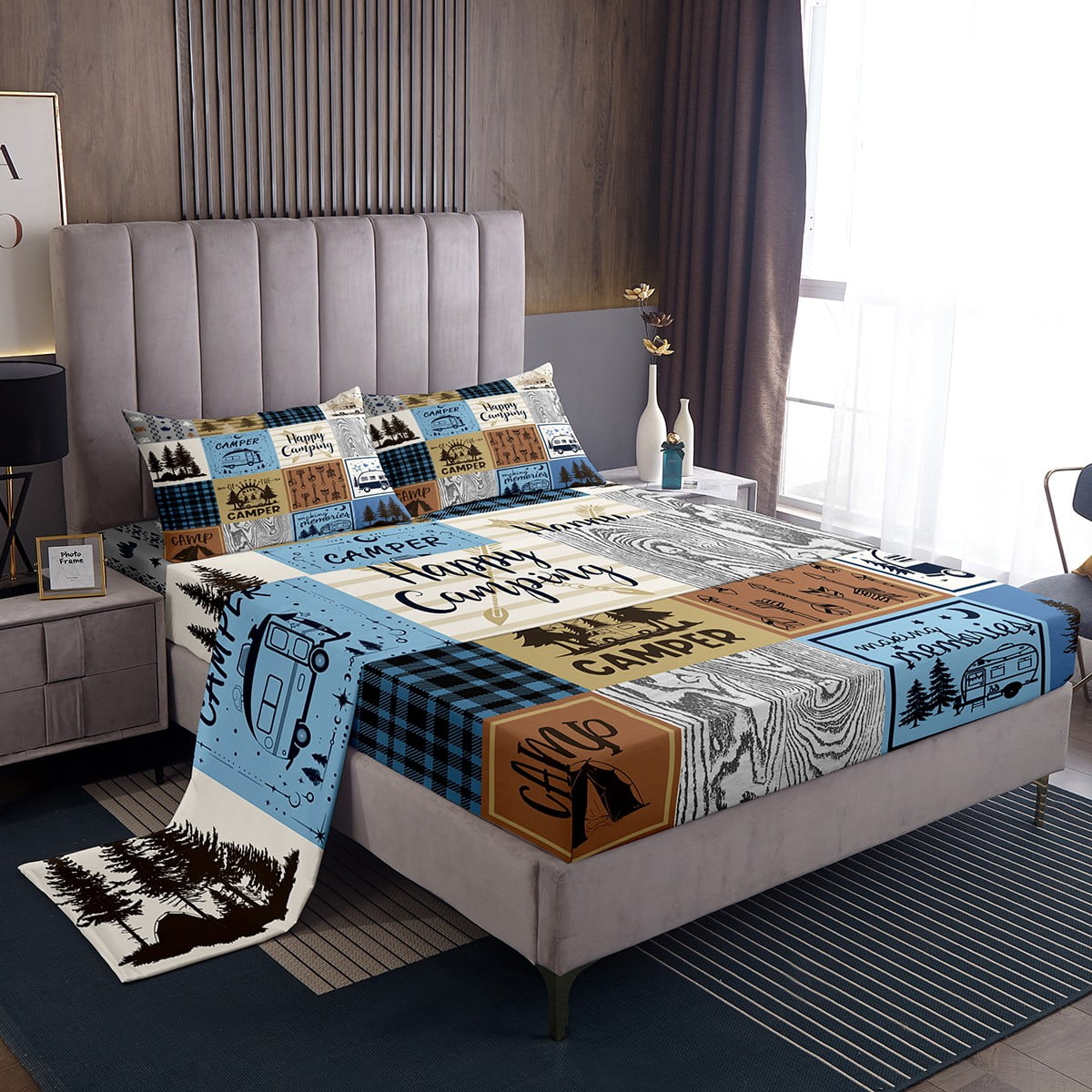 YST Happy Camping Bedding Set Queen Rv Camper Sheet Set For Travel ...