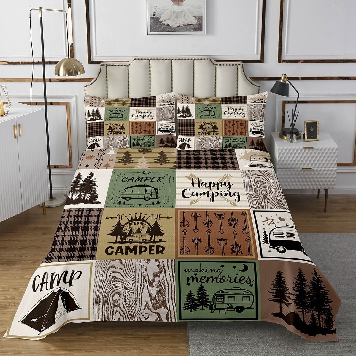 Happy Camping Bedspread Set Rustic Cabin Camper Queen Quilt Sets Rv Car ...