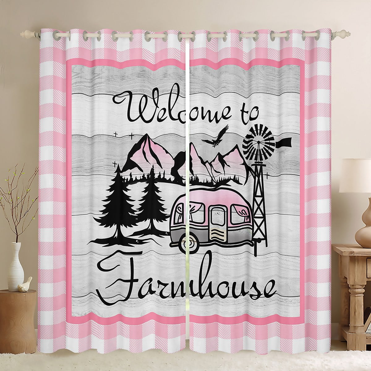 Erosebridal Happy Camping Camper Blackout Curtains Pink Plaid Buffalo ...