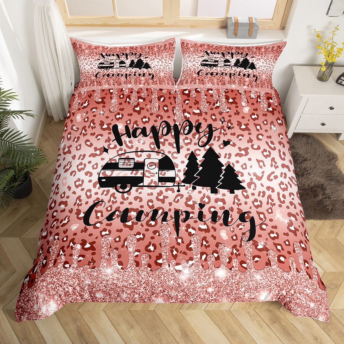 YST Happy Camping Camper Comforter Cover Cheetah Print Bed Set, Girly ...