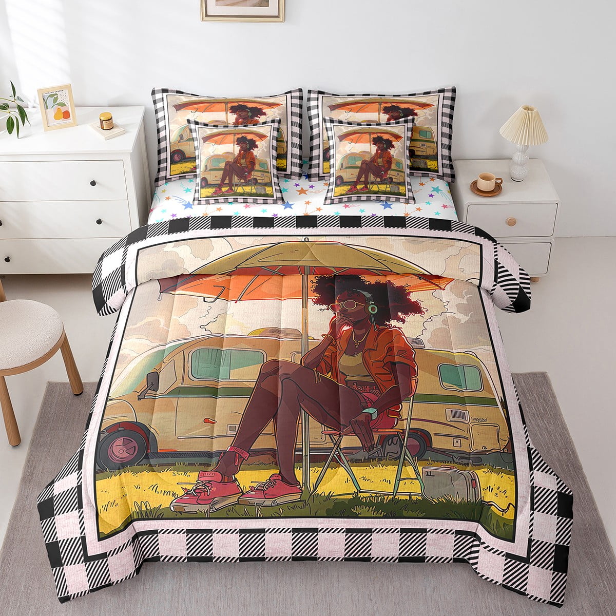 Happy Camping Comforter Set 7 Piece Twin Black Women Camping Car ...