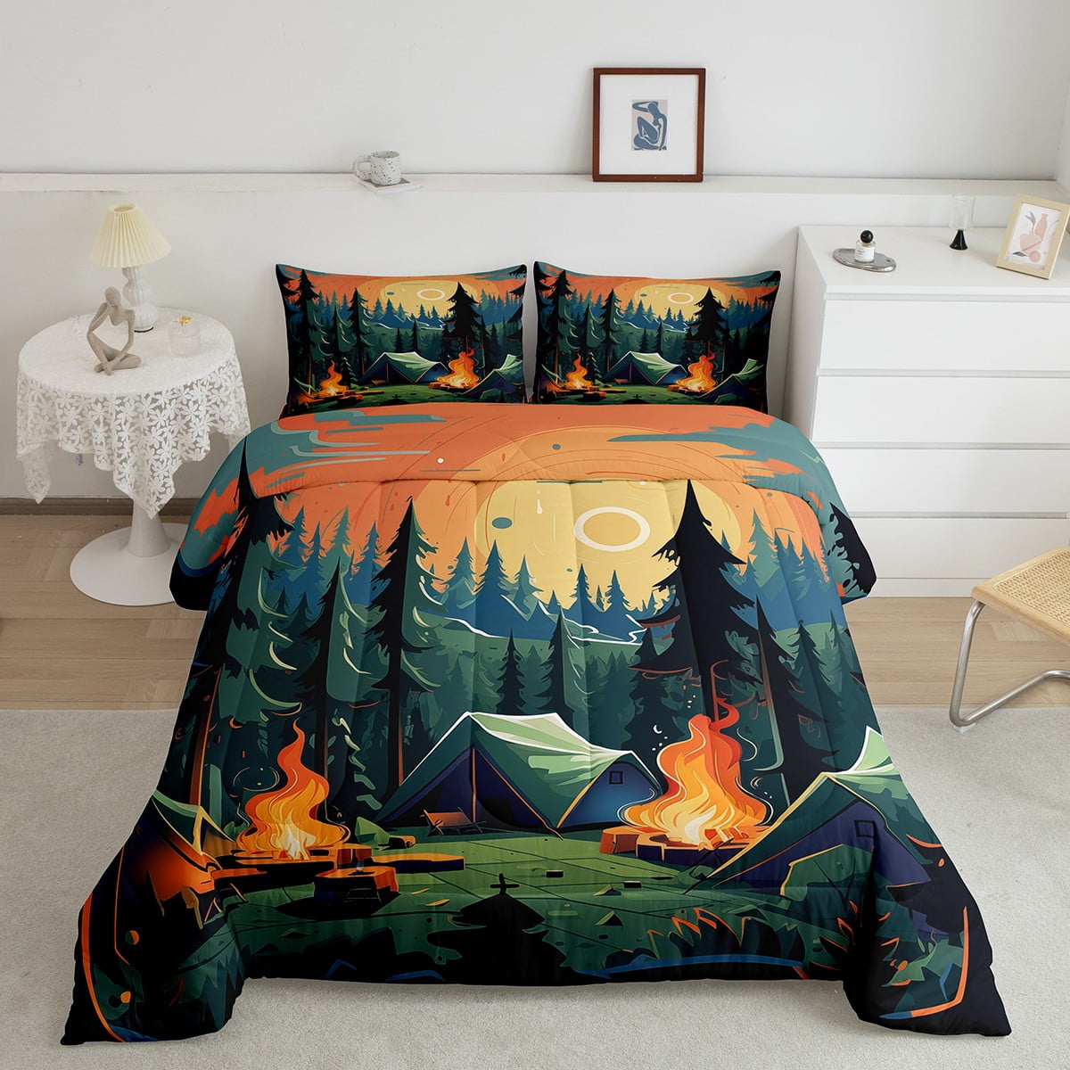 YST Happy Camping Comforter Set for Kids Teens,Green Jungle Tree ...