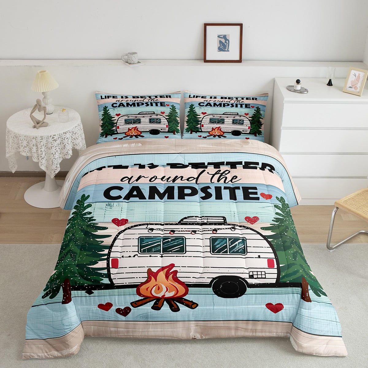 YST Happy Camping Comforter Set Rv Decorations For Inside,Rustic Camper Bedding Queen,Wooden ...