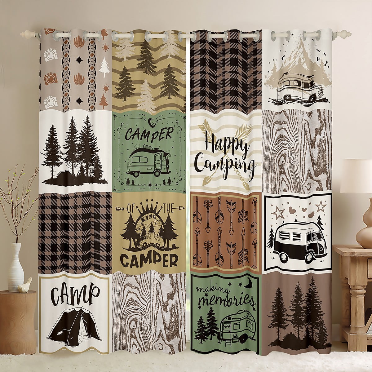 Happy Camping Curtains & Drapes Rustic Cabin Camper 38"Wx54"L 30%-50% Blackout Curtains For ...