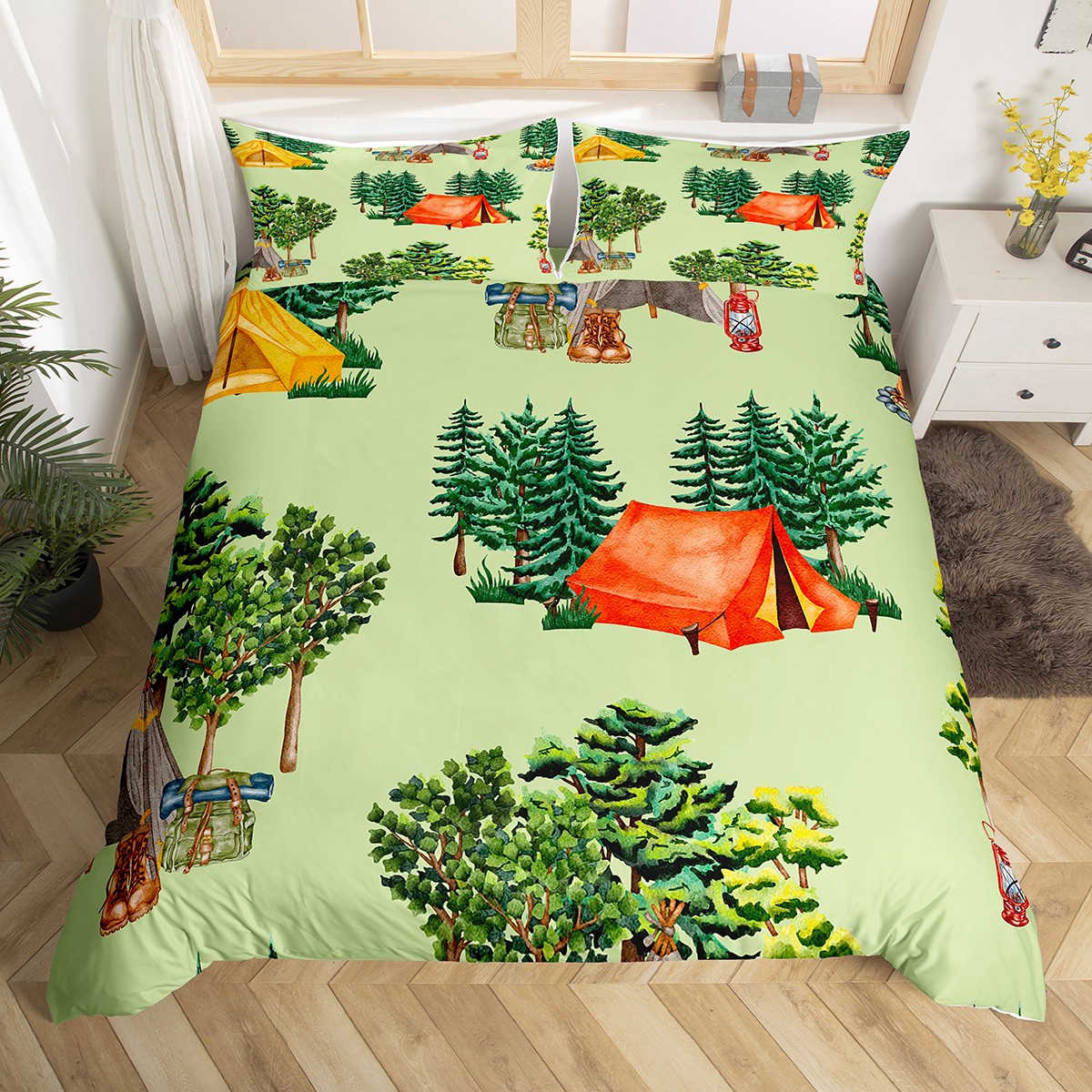 YST Happy Camping Duvet Cover Queen,Jungle Pine Tree Bedding Set,Rustic ...