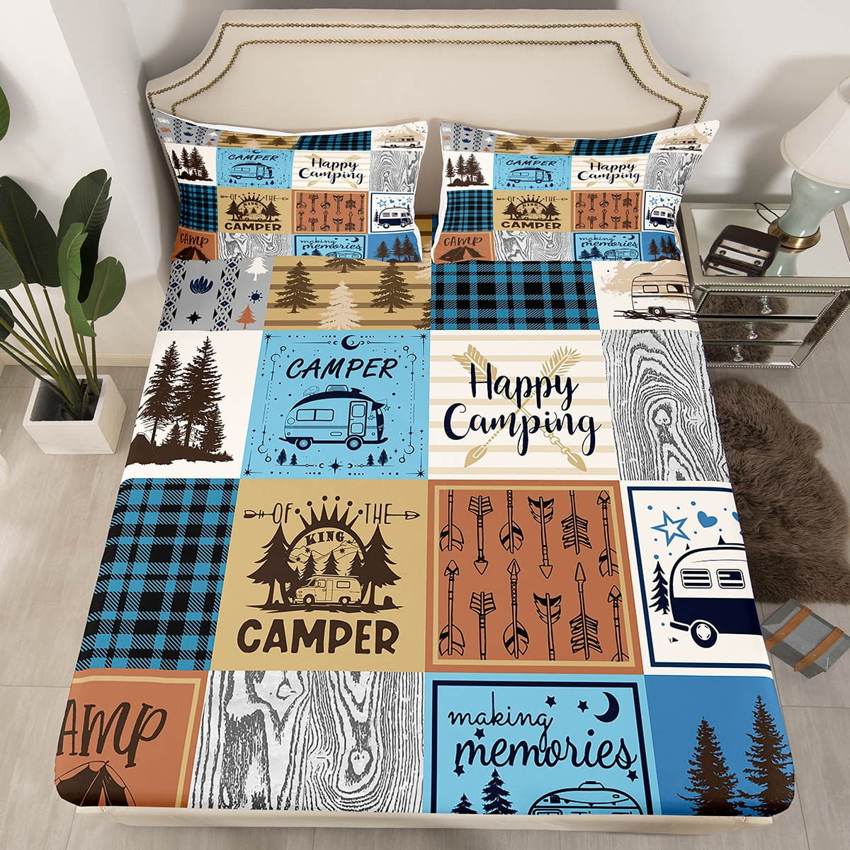 YST Happy Camping Fitted Sheet Twin Rv Camper Bedding Set For Travel Trailers Bunks,Rustic ...