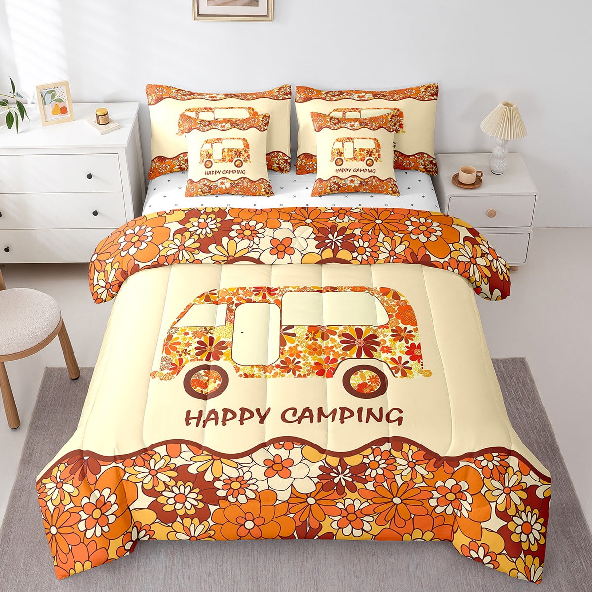 YST Happy Camping Full Comforter Set 7 Piece,Groovy Flowers Camper Bed ...