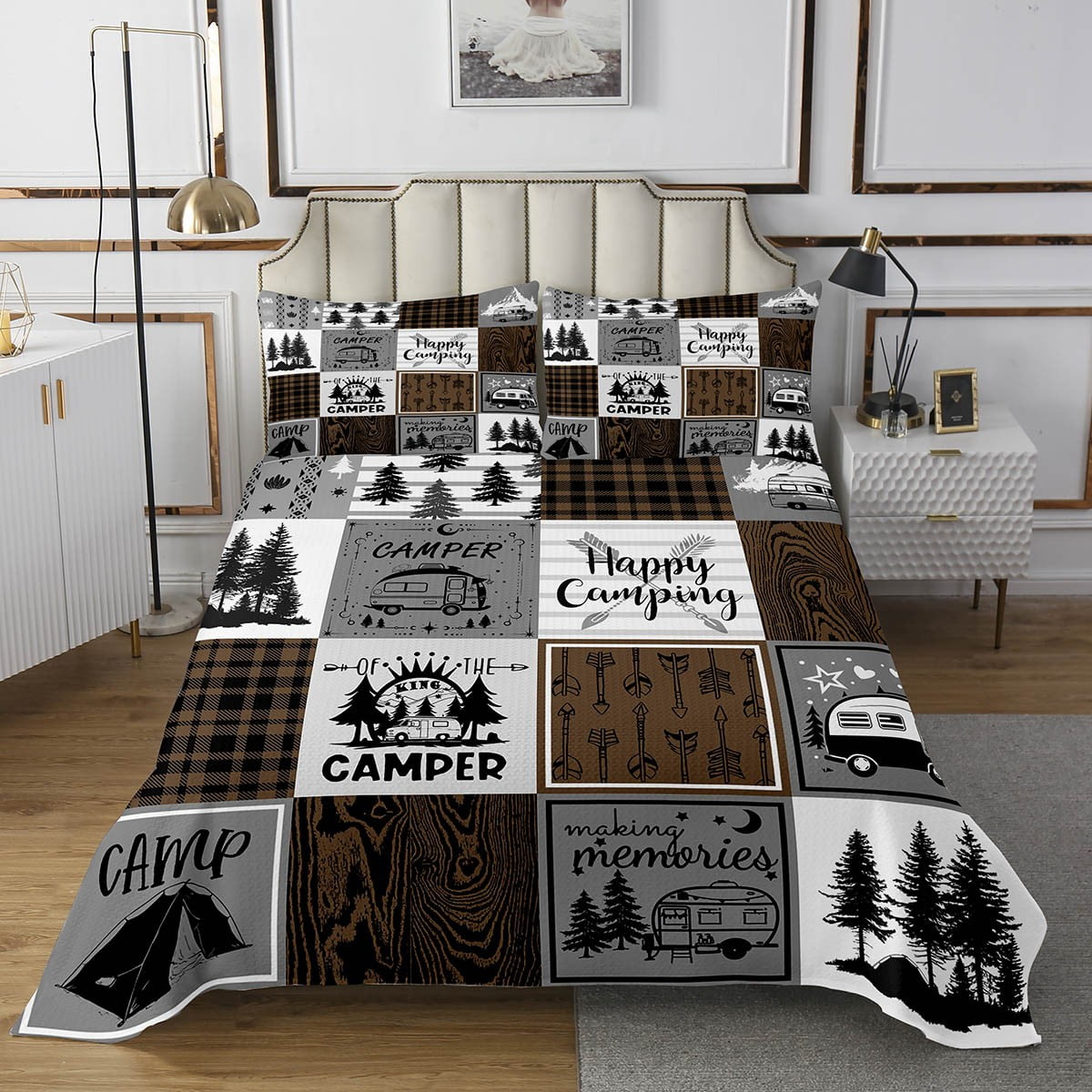 YST Happy Camping Queen Bedspread Set,Rv Camper Quilt Set For Boys Adults Men,Camper Decor ...