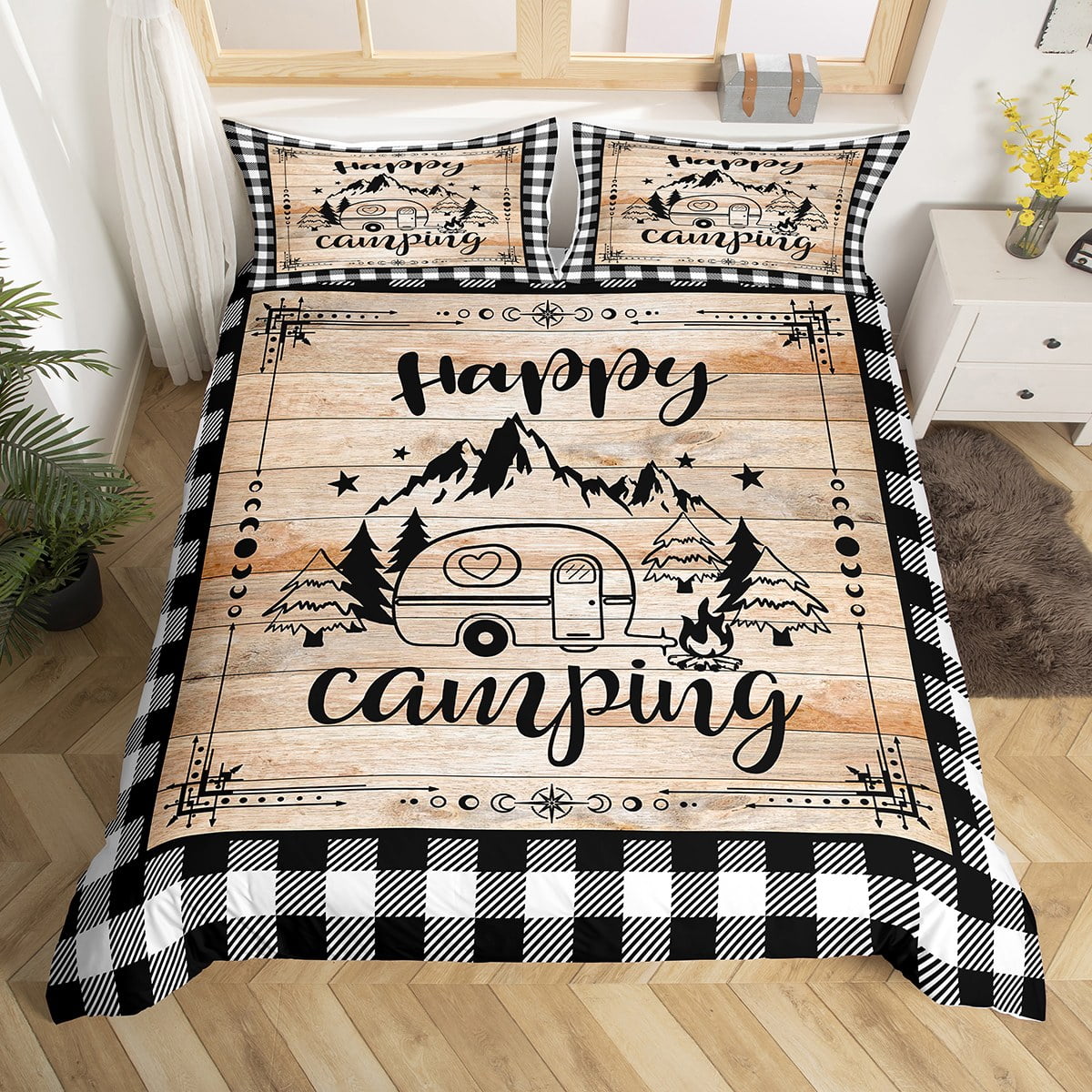 YST Happy Camping Queen Size Western Lodge Cabin Bed Set,Black White ...