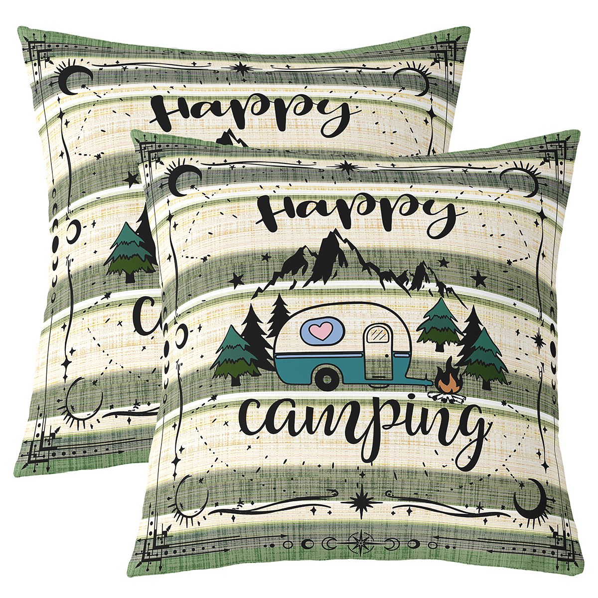 Happy Camping Set of 2 Cushion Covers 18x18 Inch,Green Stripes Pattern ...