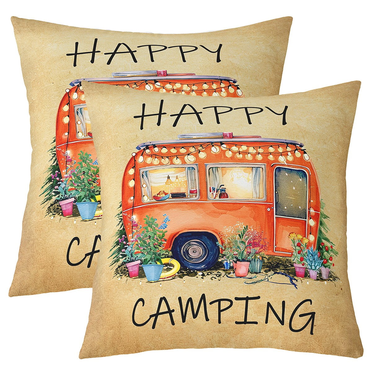 Happy Camping Throw Pillow Covers 18x18 Inch Set of 2,Orange Cartoon ...
