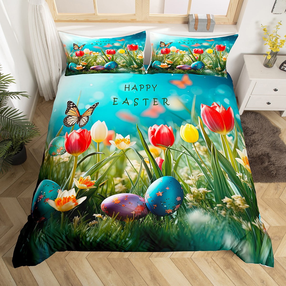 YST Happy Easter Bedding Set Rustic Floral Butterfly Print Duvet Cover ...