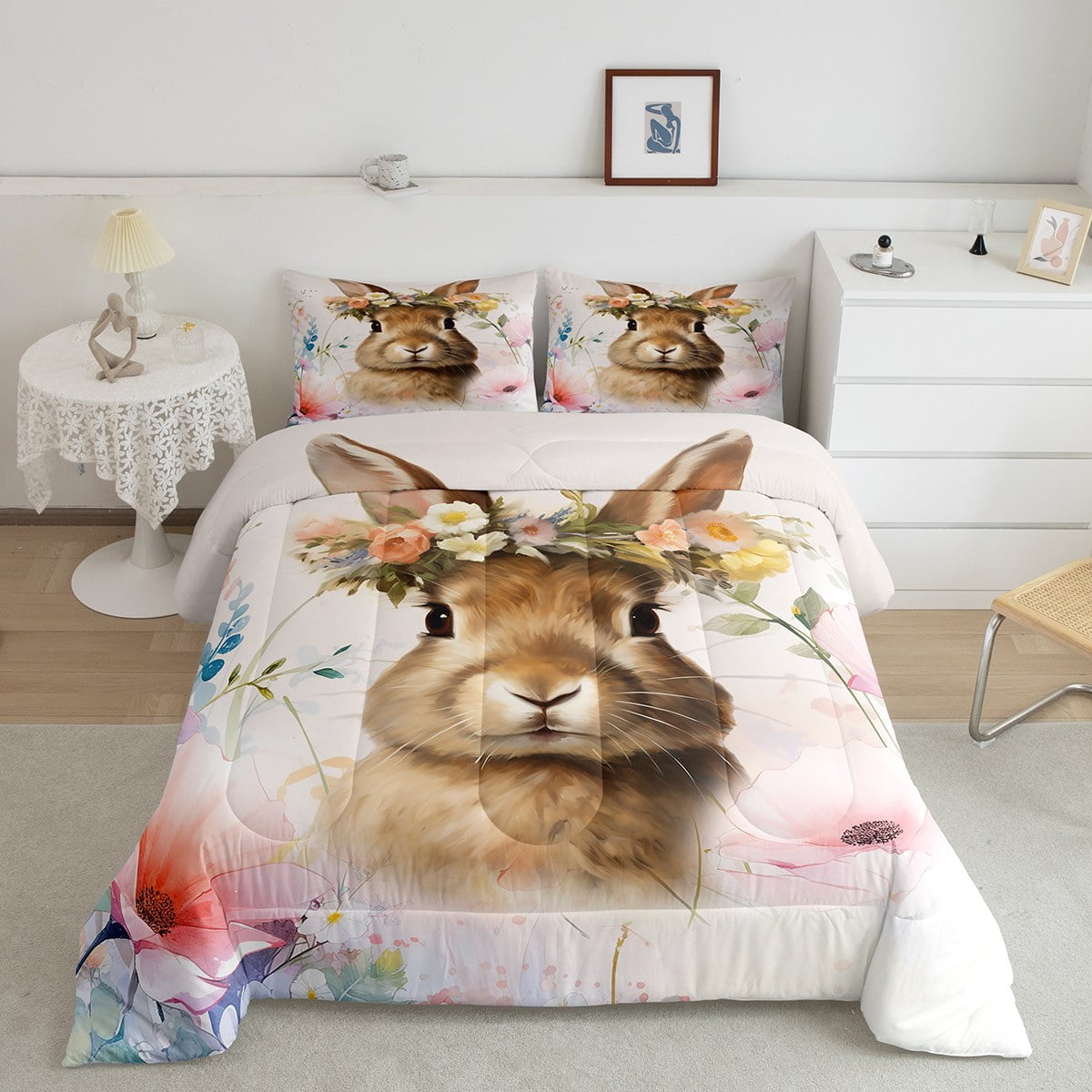 YST Happy Easter Bunny Comforter Set, Vintage Rabbit Bedding Set Twin ...