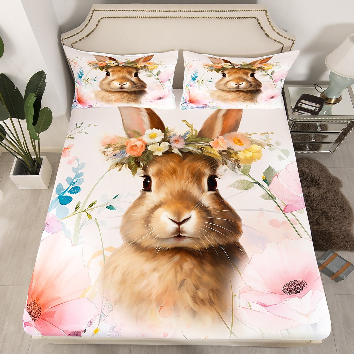 Happy Easter Bunny Fitted Sheet, Vintage Rabbit Bedding Set Twin Size ...