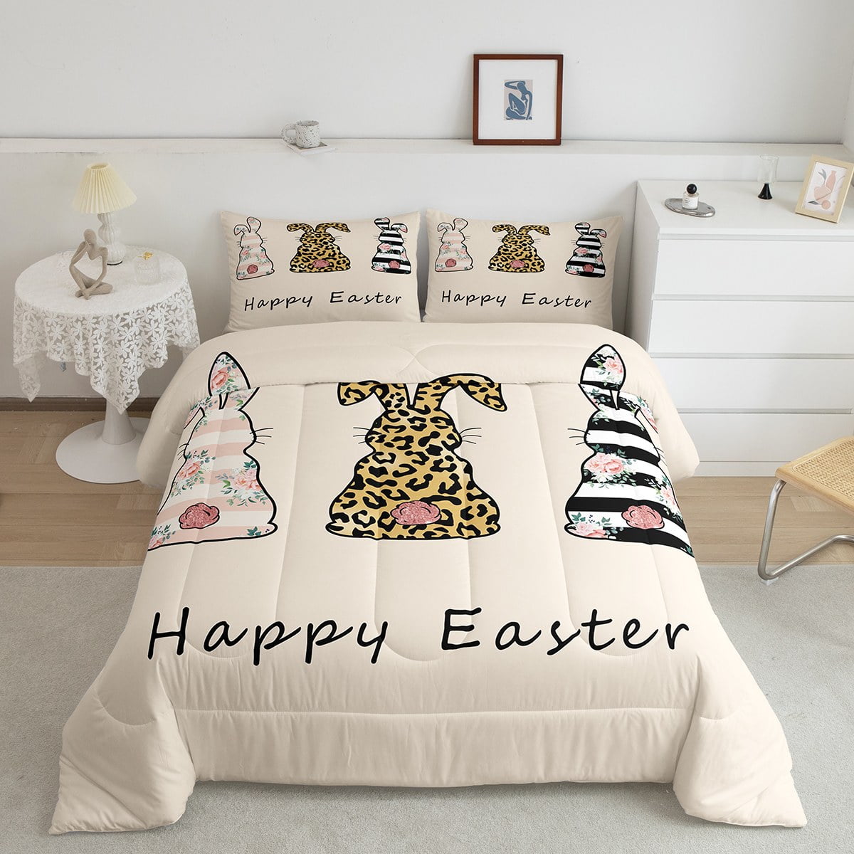 Erosebridal Happy Easter Comforter Set Full, Leopard Print Bunnies ...