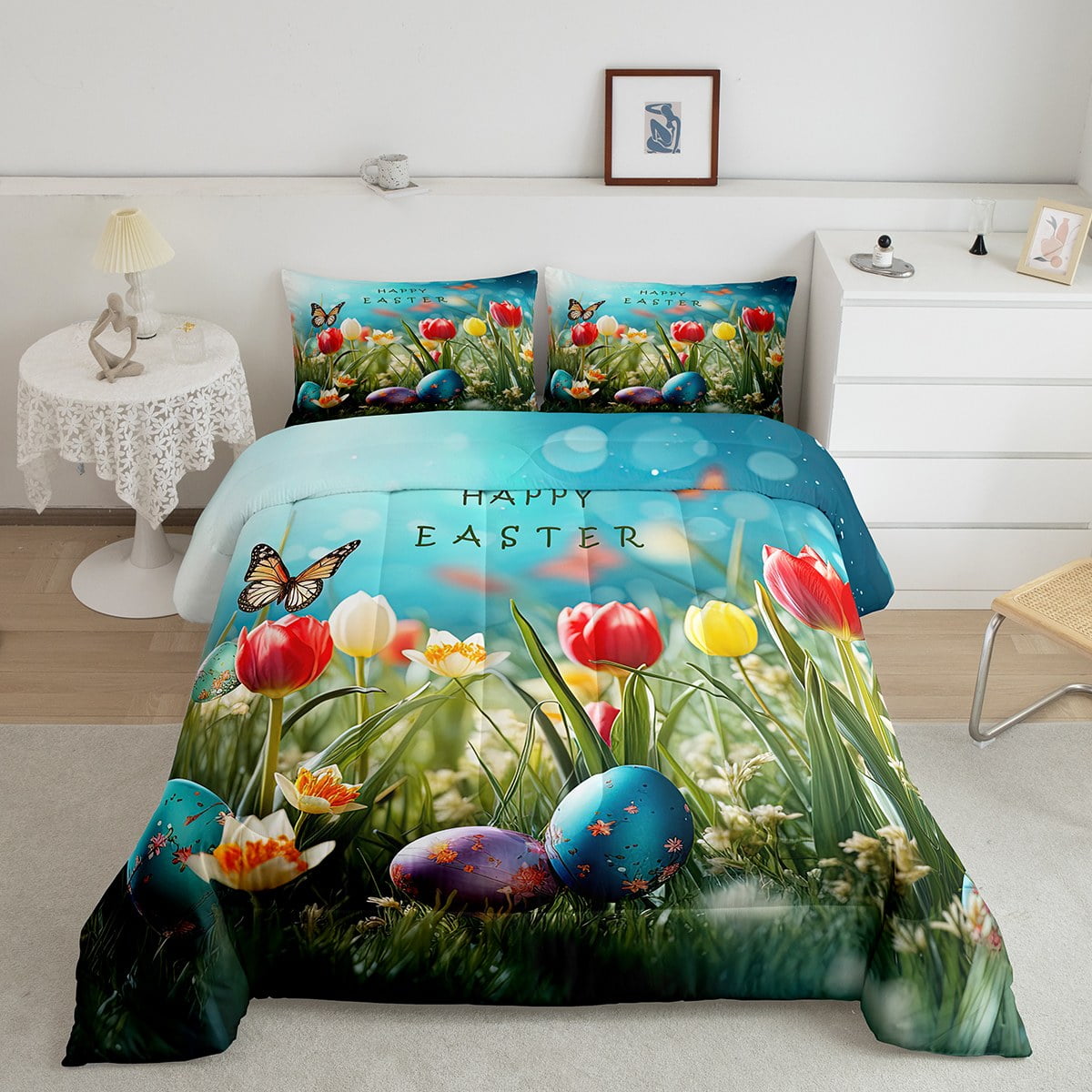 Erosebridal Happy Easter Comforter Set Rustic Floral Butterfly Print ...