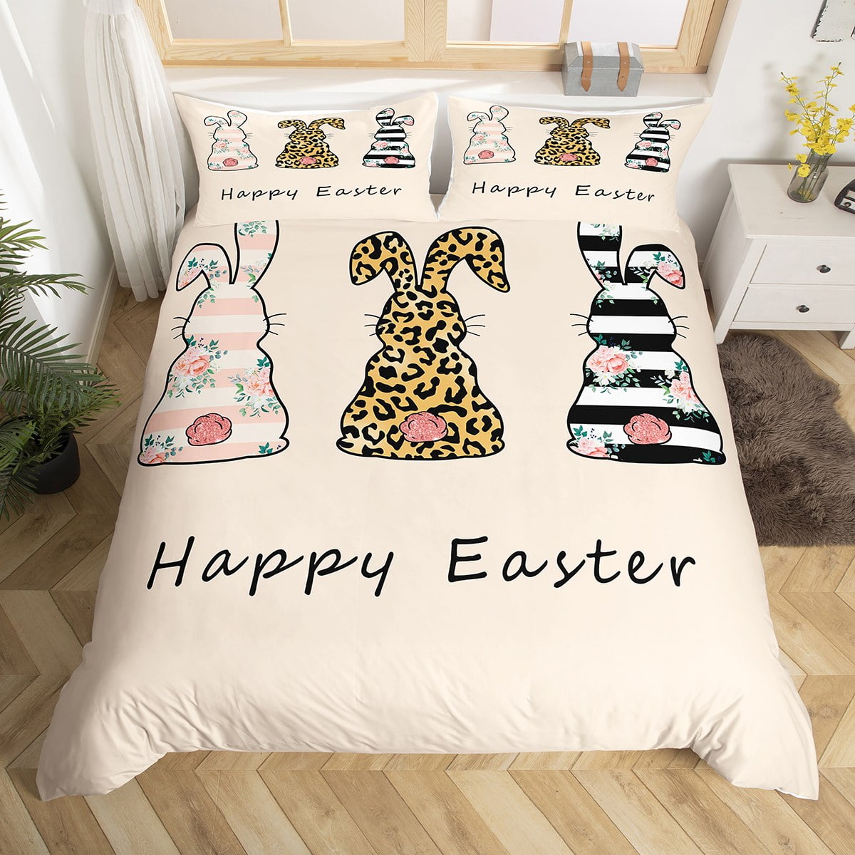 YST Happy Easter Duvet Cover Queen Size, Leopard Print Bunnies Bedding ...