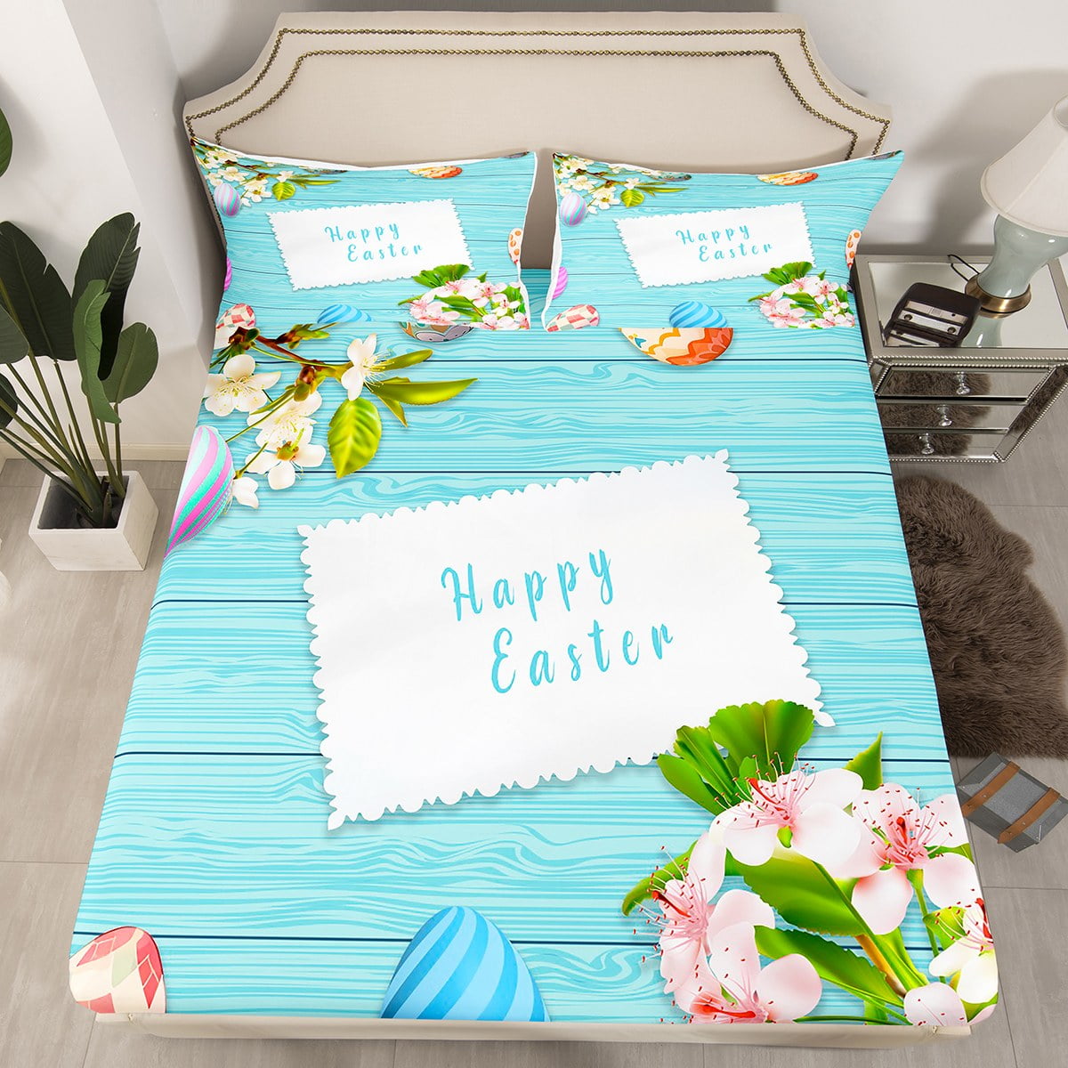 Erosebridal Happy Easter Fitted Sheet Colorful Easter Eggs Print Bed ...