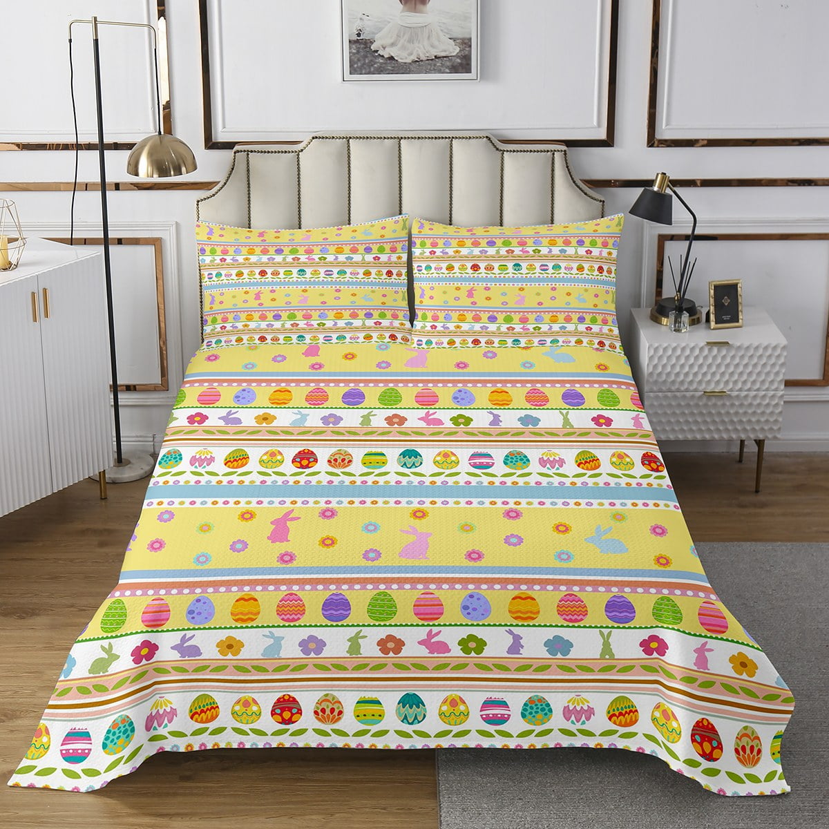 Happy Easter King Size Quilt Set ,Rainbow Easter Eggs Bedspread Set ...
