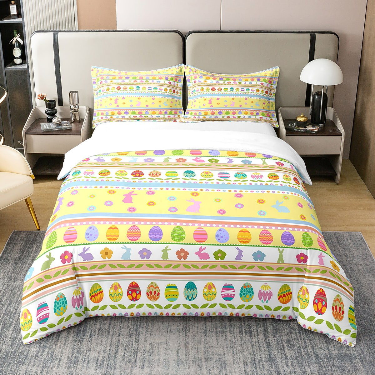 Happy Easter Queen 100% Cotton Duvet Cover, Rainbow Easter Eggs ...