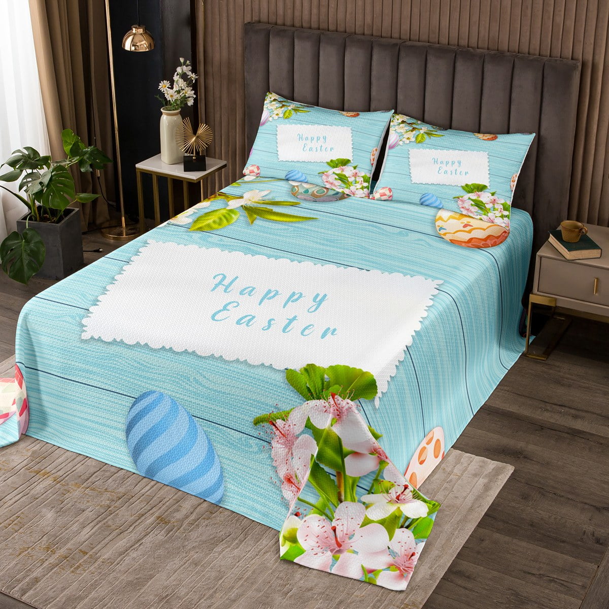 YST Happy Easter Quilt Set Colorful Easter Eggs Print Bedspread 3 Piece ...