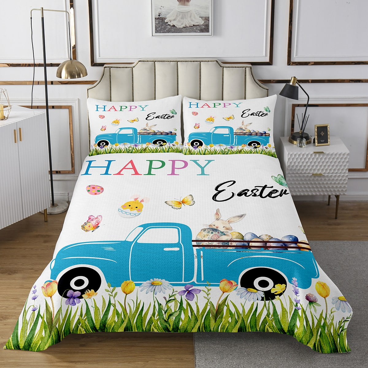 Happy Easter Quilt Set,Kawaii Easter Bunny Bedspread Set Queen,Easter ...