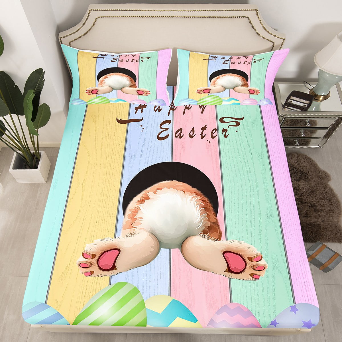 YST Happy Easter Themed Fitted Sheet Easter Decoration Bed Sheets Cute ...