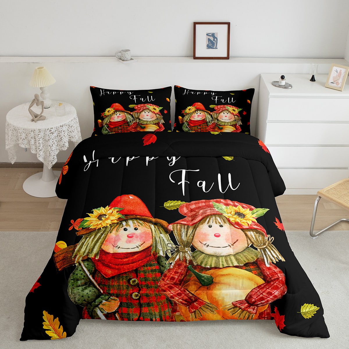 YST Happy Fall Bedding Comforter Set Queen Size, Scarecrow Sunflower ...