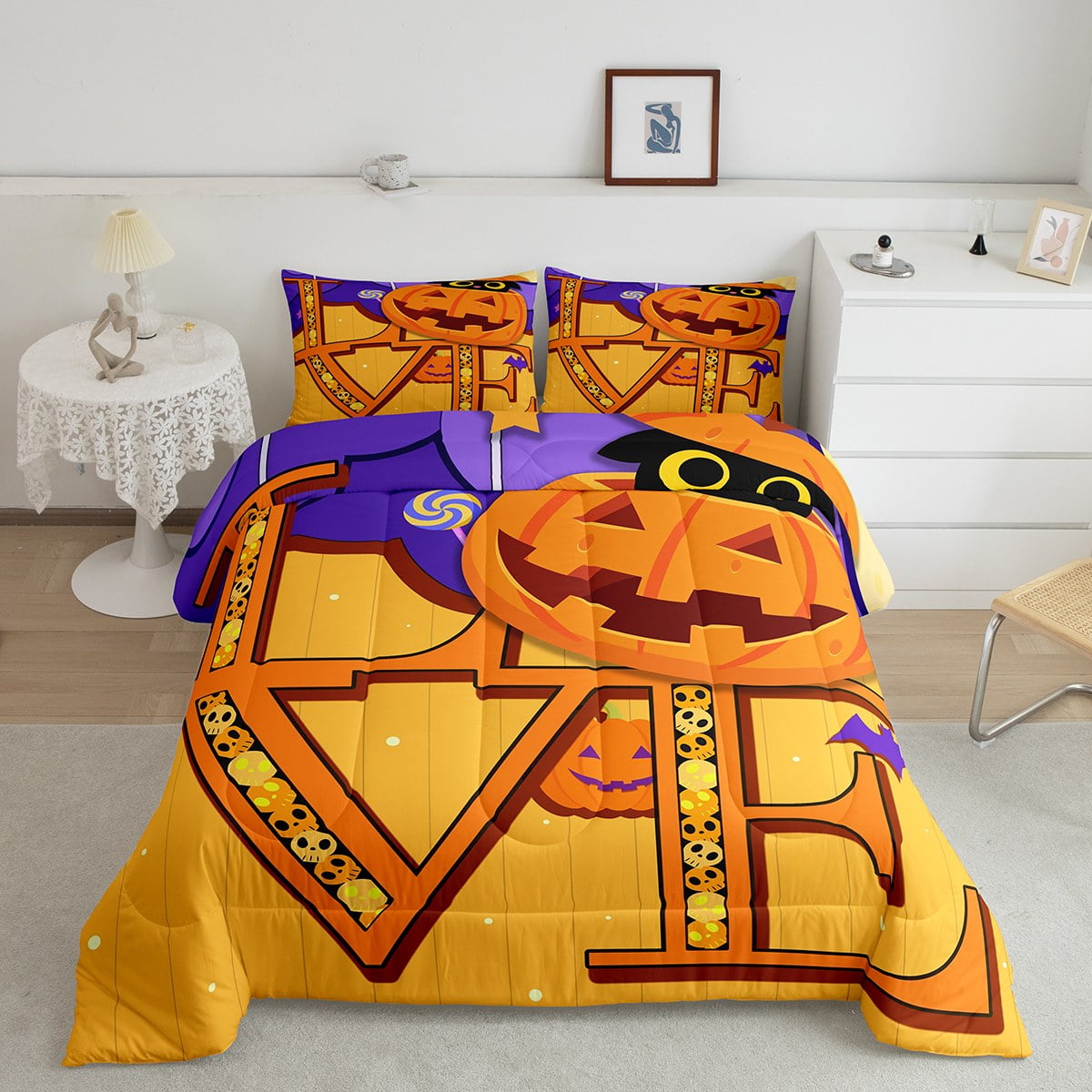 YST Happy Halloween Bed Comforter Set Pumpkin Lantern Decor Full Size Bedding Set, Cartoon ...
