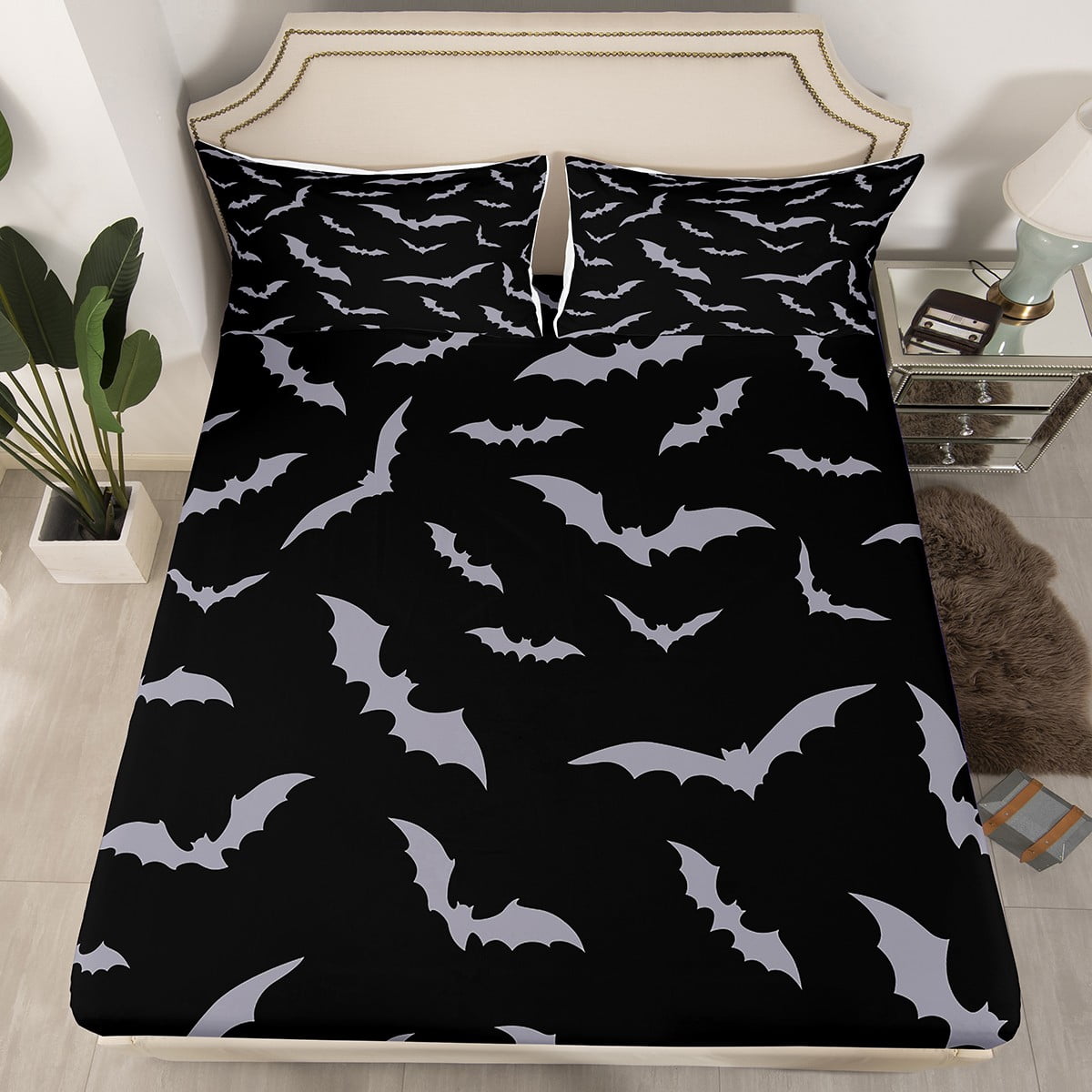 Happy Halloween Fitted Sheet Youth Bedroom Grey Bats Bedding Set Gothic ...