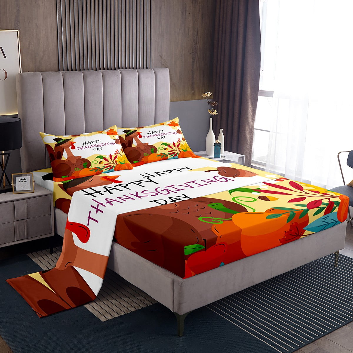 Happy Thanksgiving Day Comforter Set Cute Cartoon Turkey Sheet Set Twin ...