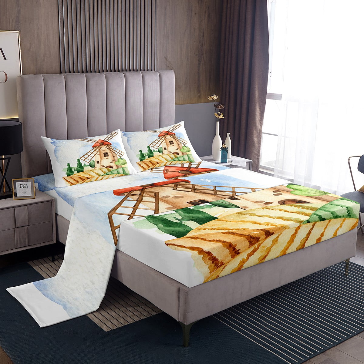 YST Haystack Meadow Tree King Sheet Set Retro Windmill Sheets, Cartoon ...