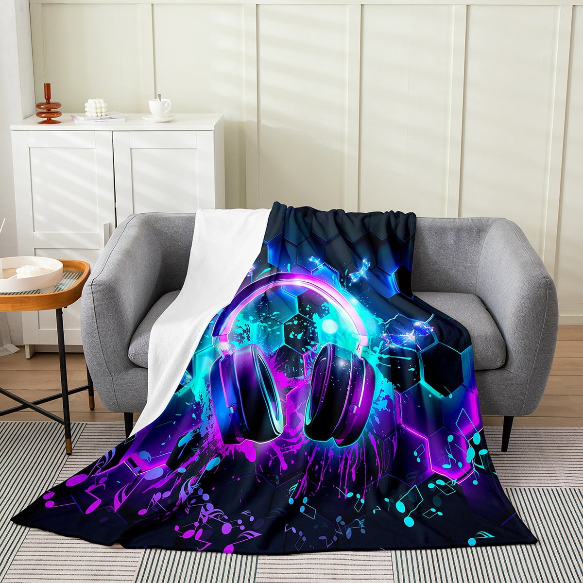 Headphone Blanket Queen Inch Music Note Melody Rhythm Throw Blanket Cool Purple Headset Fleece ...