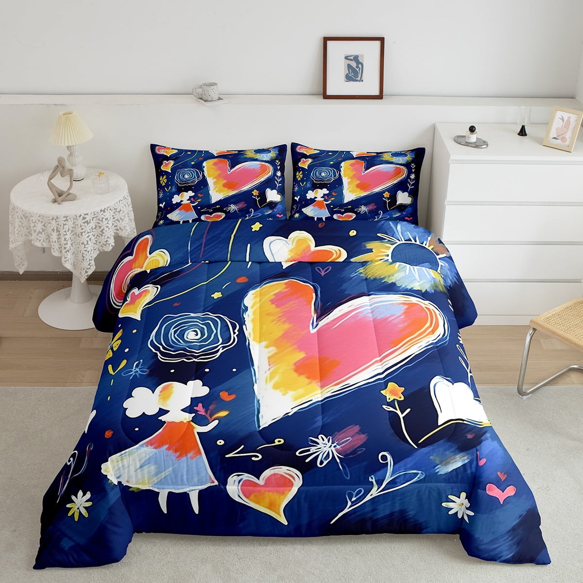 YST Heart Gifts Bedding for Women Girls Cute Love Pattern Comforter Set ...